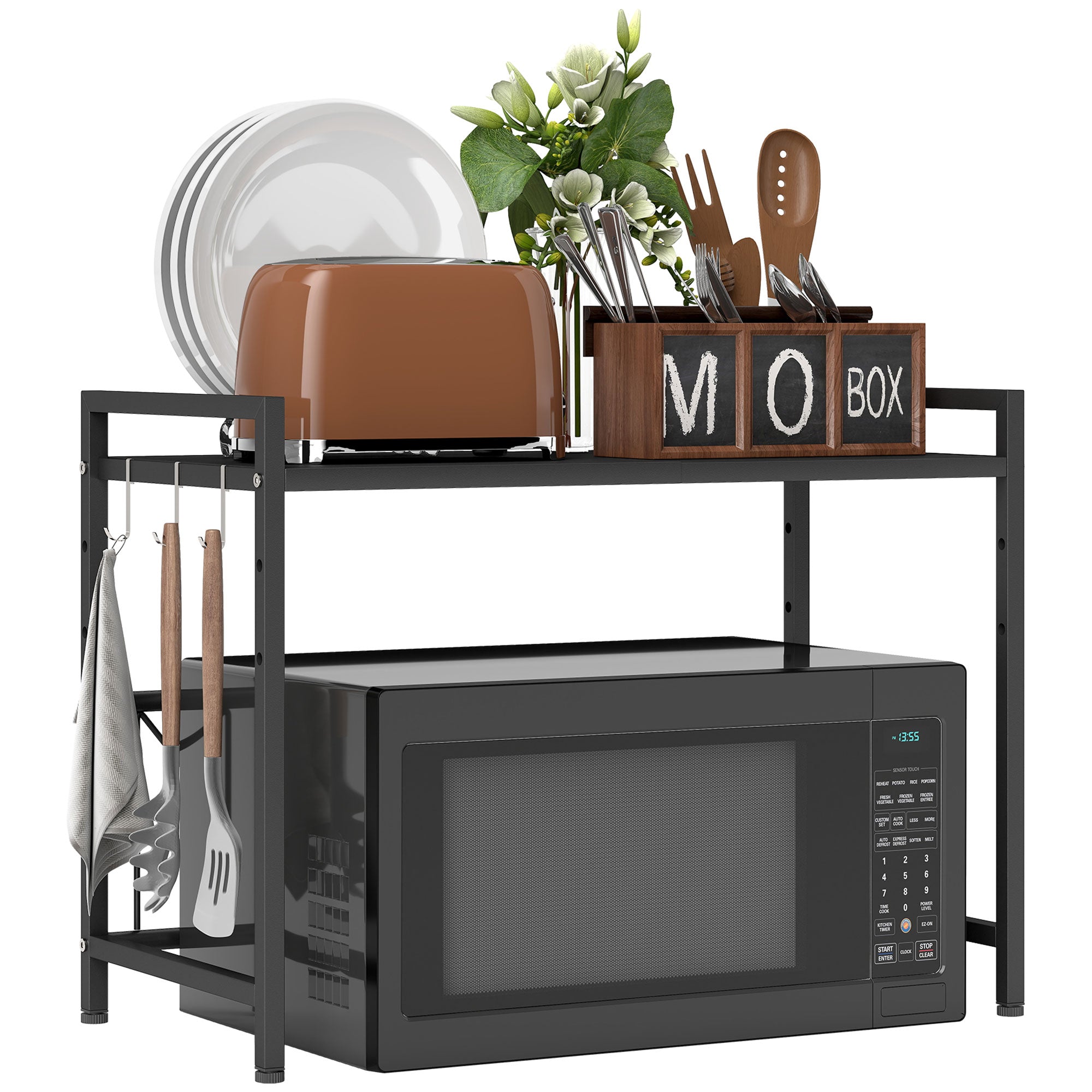 2-Tier Expandable Microwave Stand with 3 Hooks, Metal, 39.5-64x32x47.5 ...