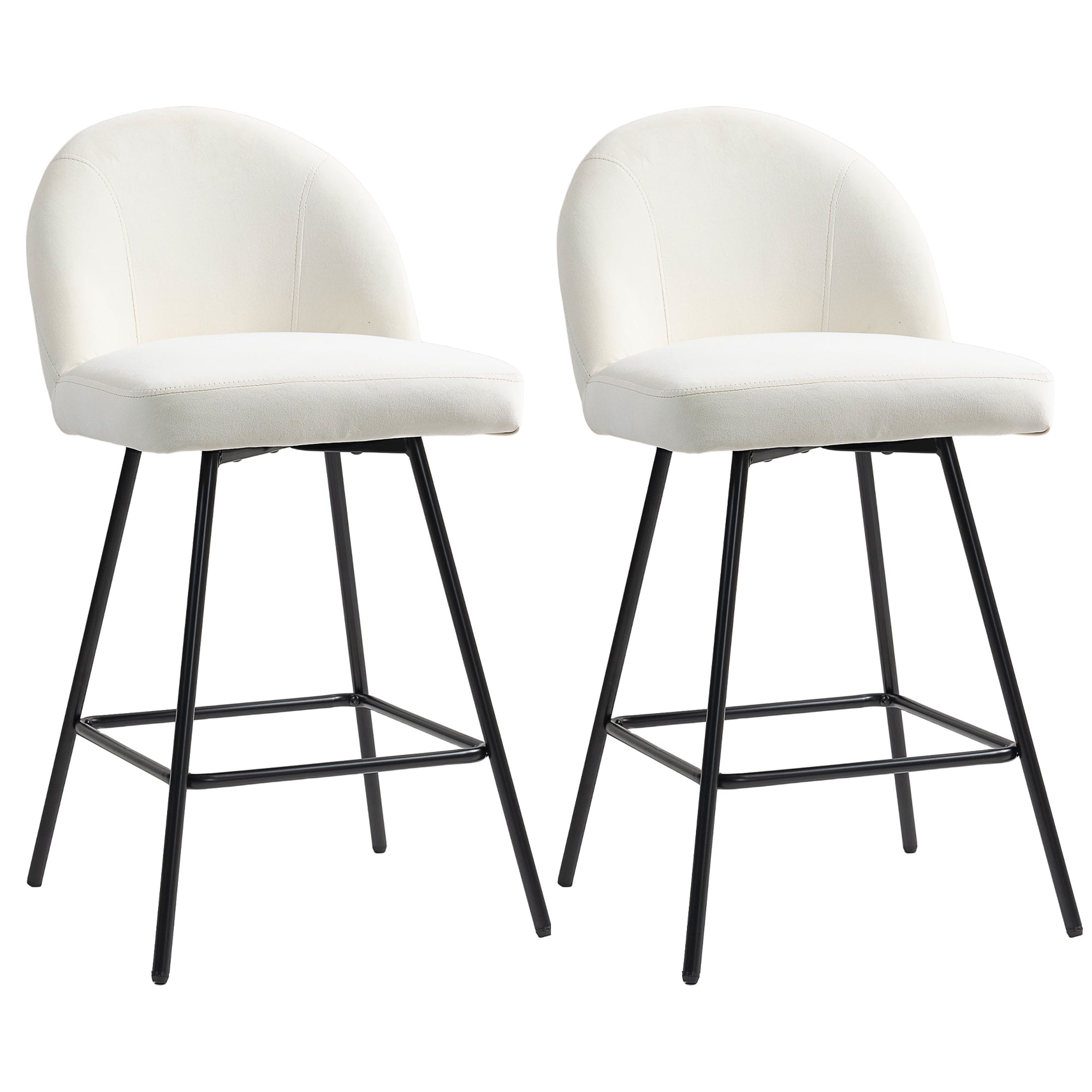 Set of 2 Bar Stools with Velvet Backrest and Steel Footrest, Cream Whi ...