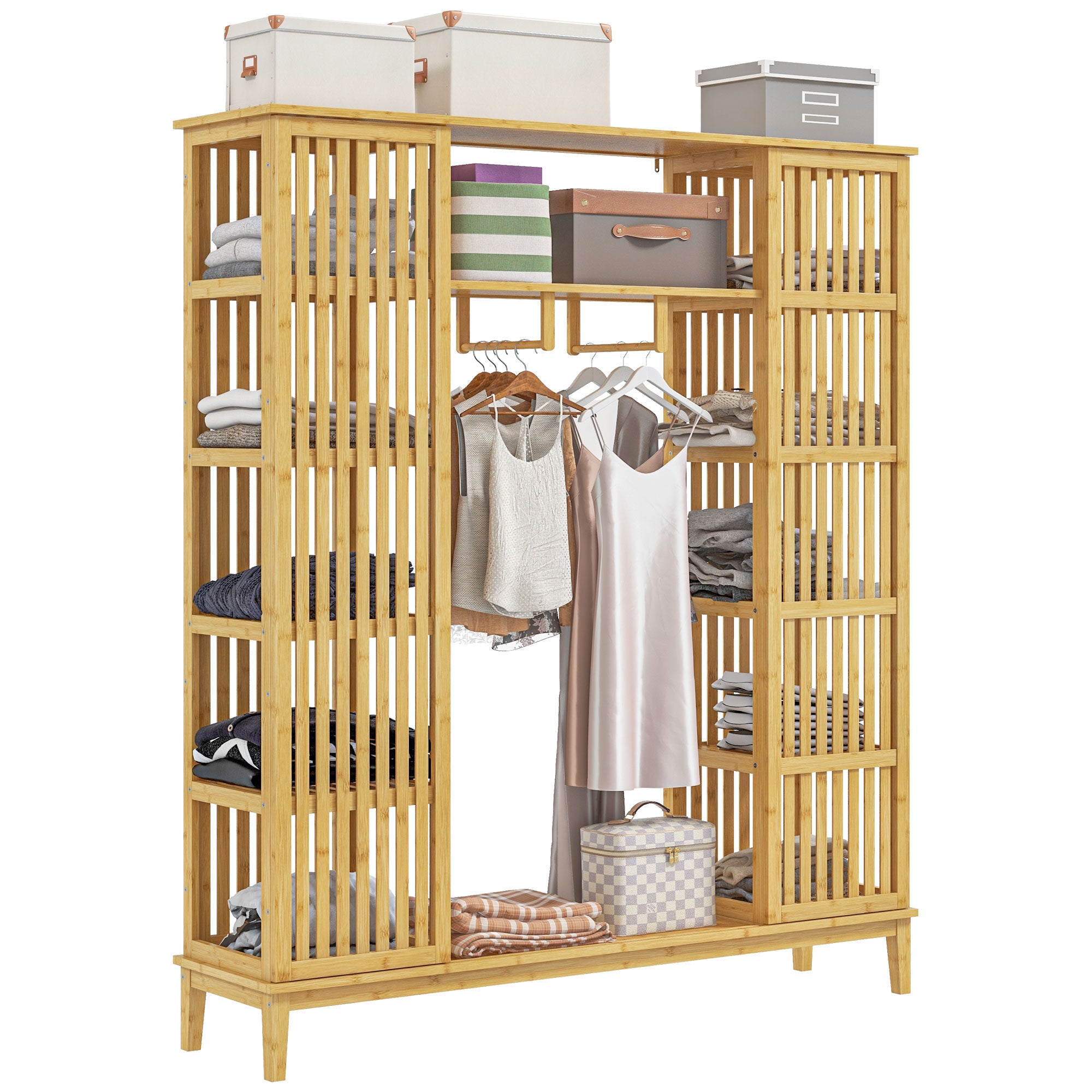 Bamboo Open Wardrobe with 2 Sliding Doors, Open Shelves and Hanging Ra ...