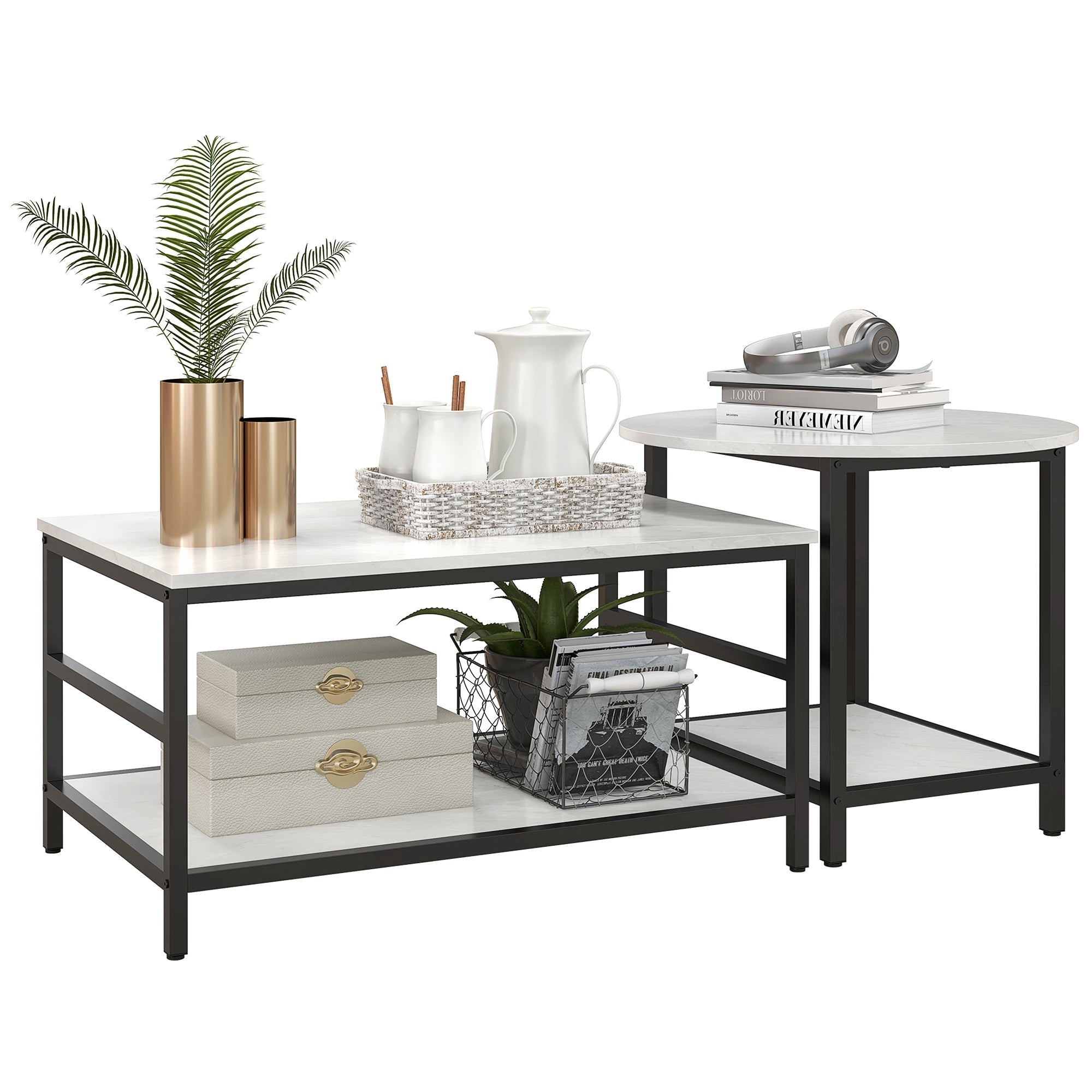 2-Tier Coffee Tables Set in Chipboard and Steel with Marble Effect Top ...
